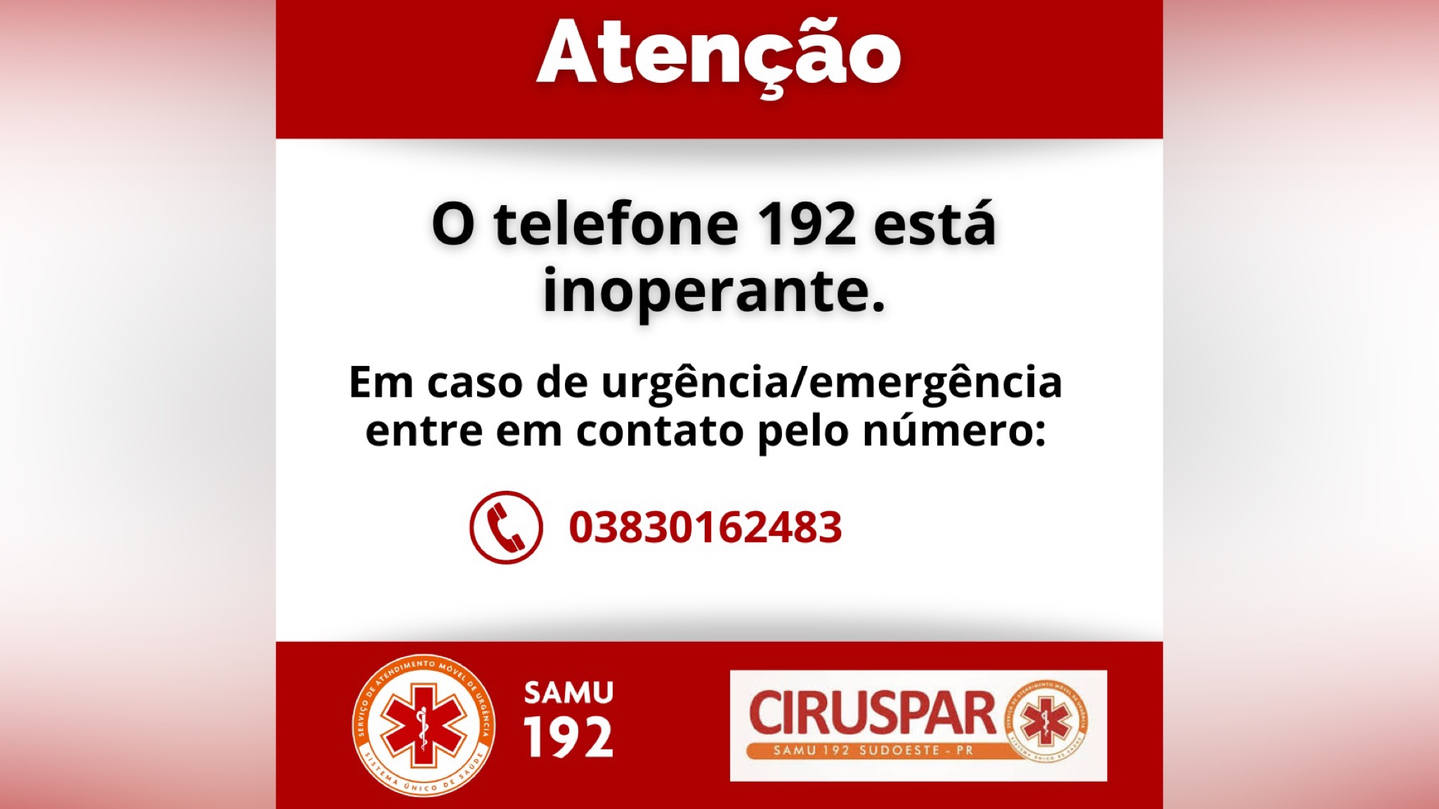 Telefone 192 do SAMU está inoperante - BeltrãoAgora